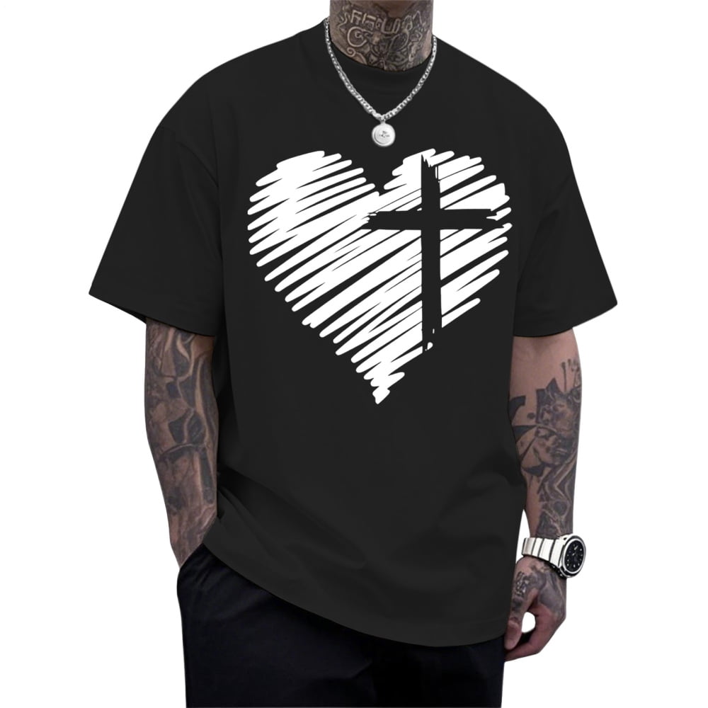 adaychics Mens Christian T Shirts Heart Cross Oversized Short Sleeve ...