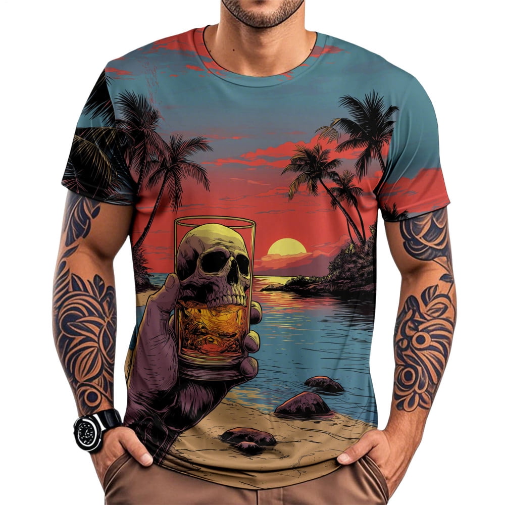 adaychics Mens Hawaiian T Shirt Crew Neck Skull Fashion Casual T Shirts ...