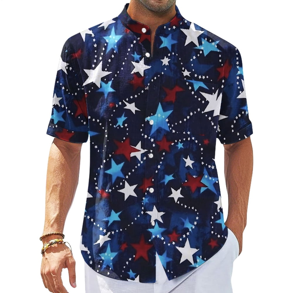 adaychics Mens Patriotic Button Up Shirt Star Print Band Collar ...