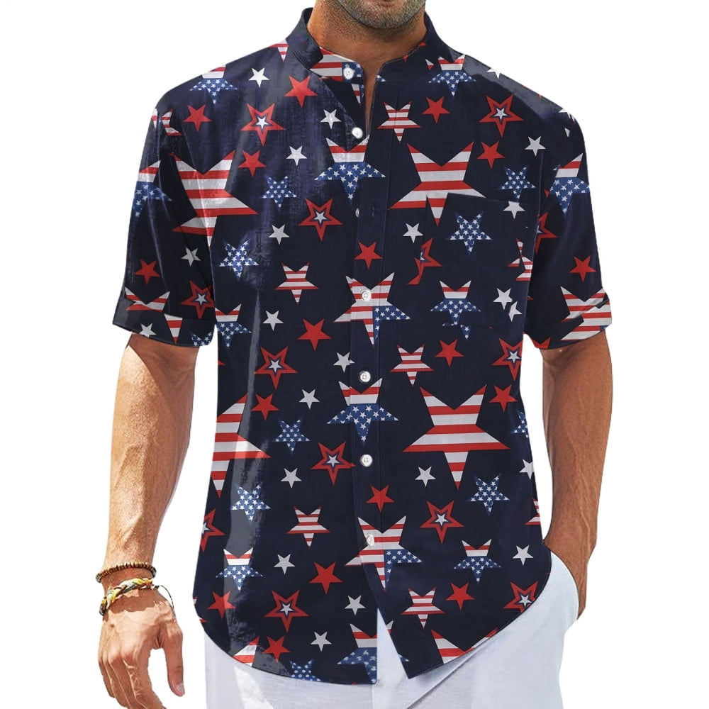 adaychics Mens Patriotic Button Up Shirt Star Print Band Collar ...