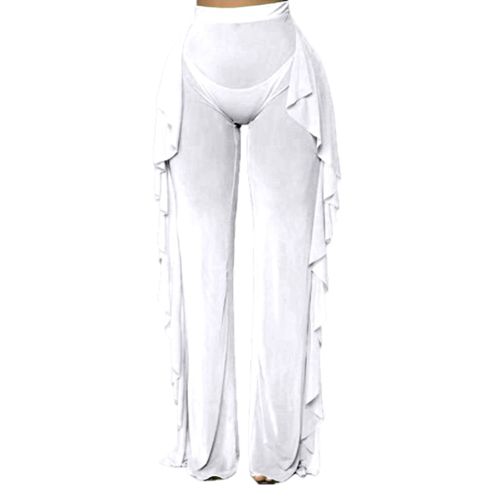 adaychics Mesh Pants for Women for Women Ruffle Trim See Through Sheer ...