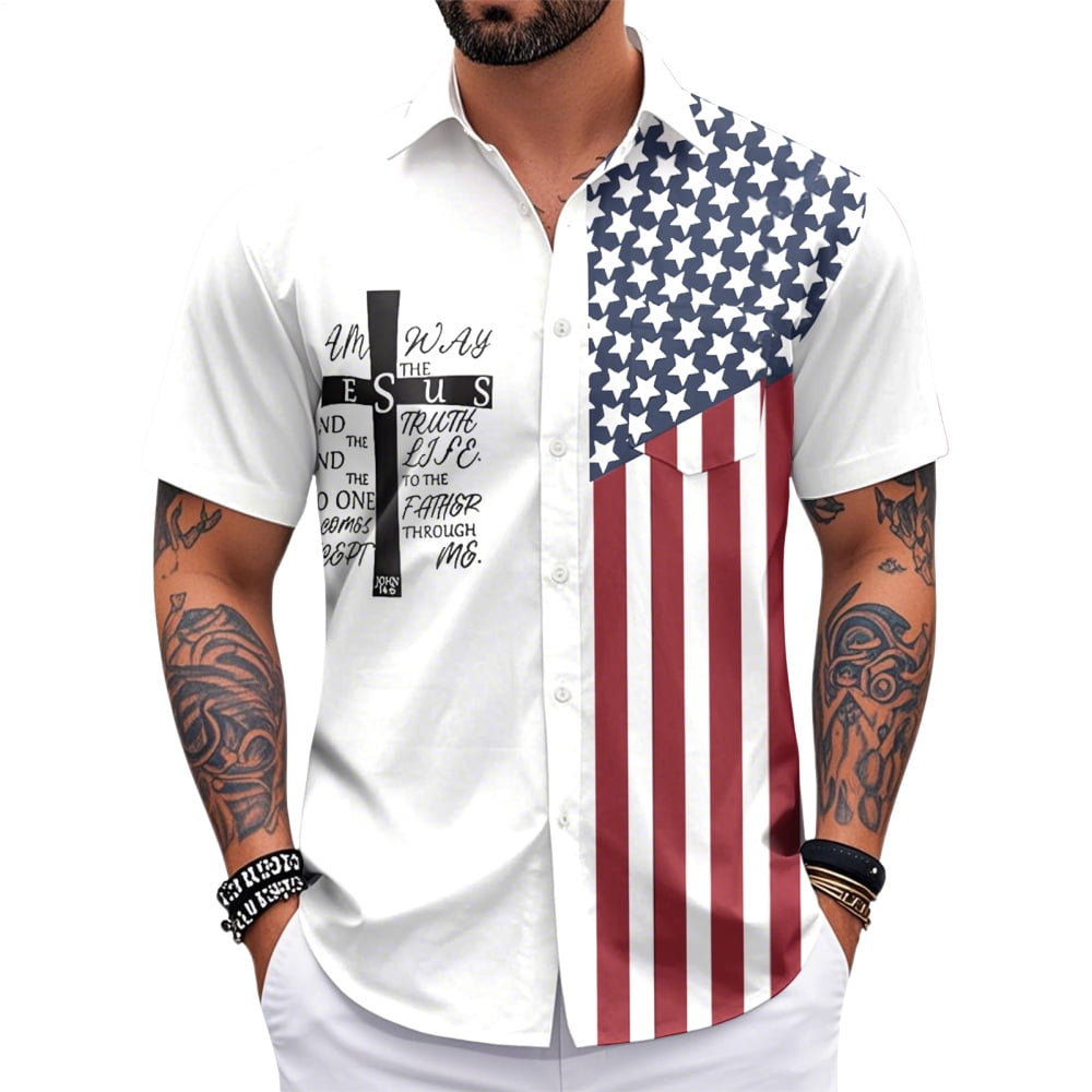 adaychics Patriotic Button Up Shirts for Men Flag Cross Lapel Short ...