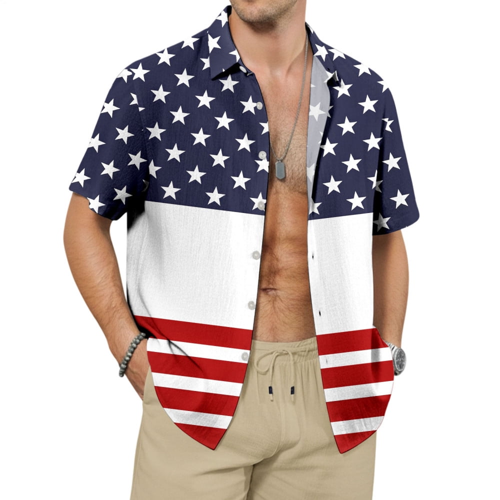 adaychics Patriotic Hawaiian Shirts for Men American Flag Casual Lapel ...