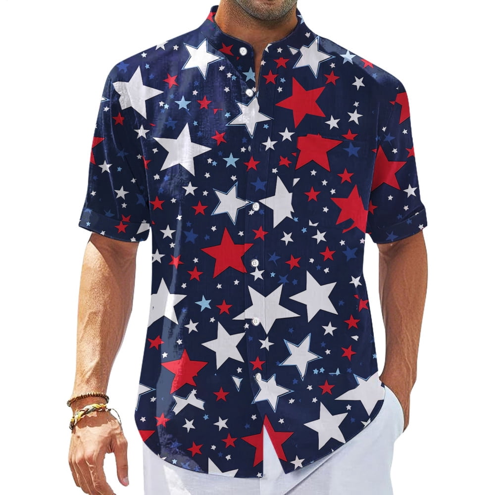 adaychics Patriotic Hawaiian Shirts for Men Star Print American Themed ...