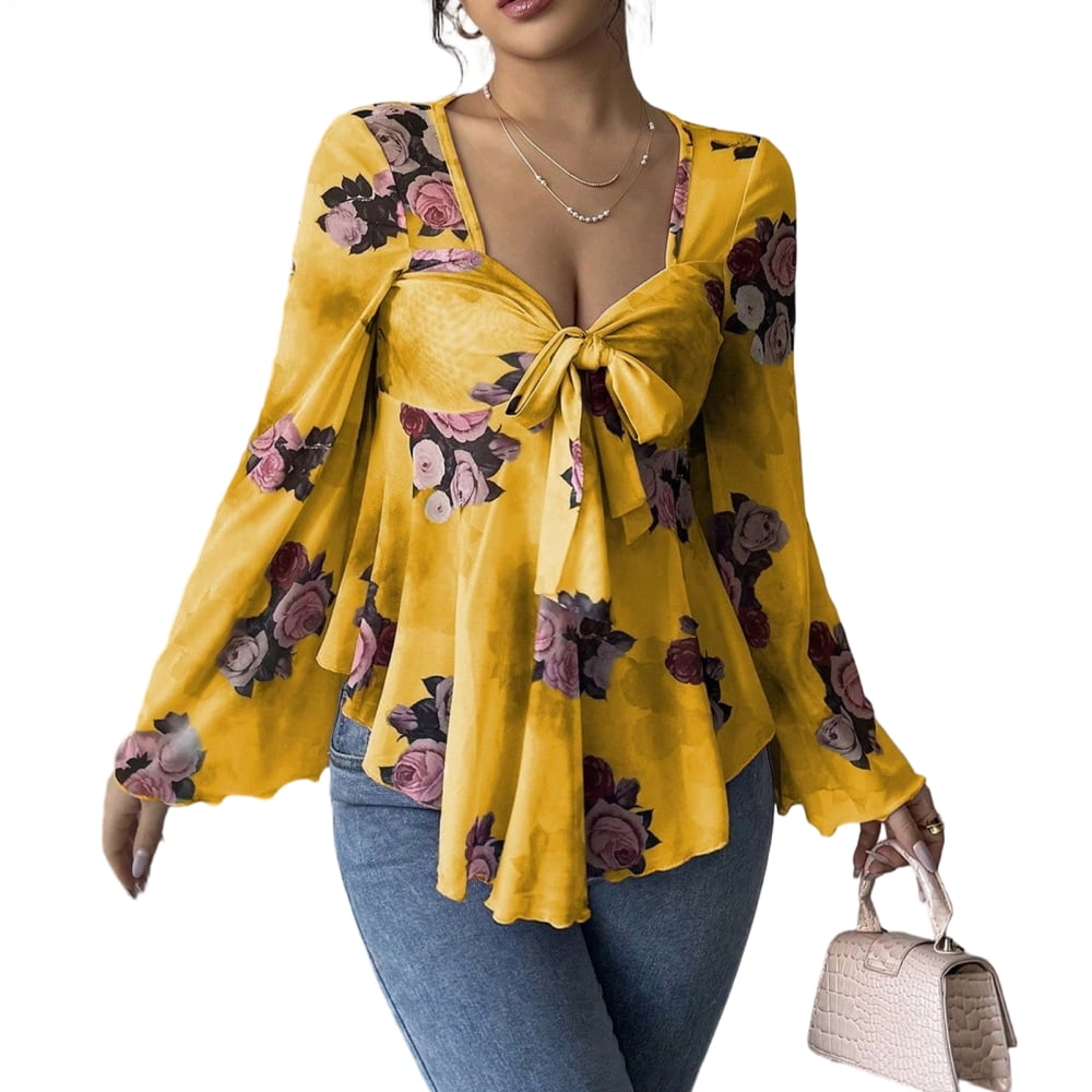 adaychics Peplum Blouses for Women Floral Sweetheart Neck Bell Sleeve ...