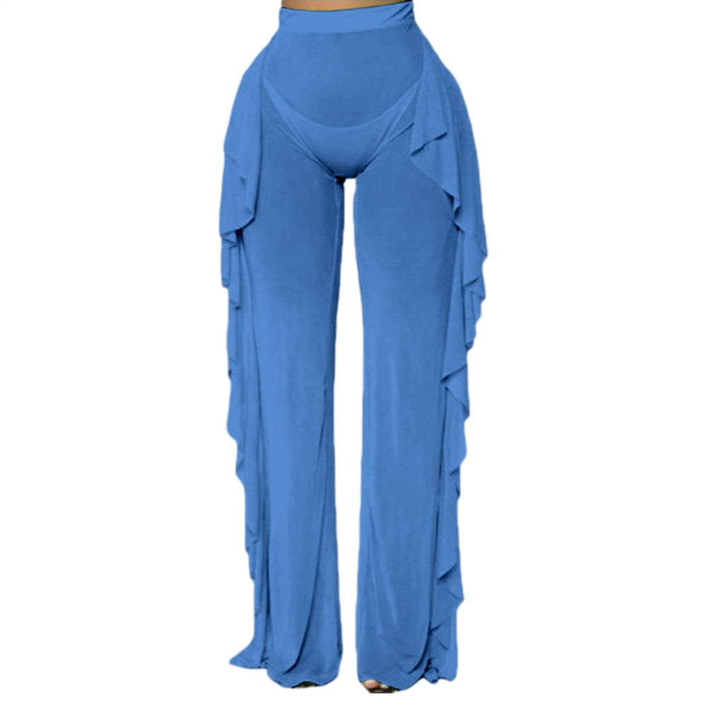 adaychics Sheer Mesh Pants Ruffle Trim See Through Sheer Beach Pants ...
