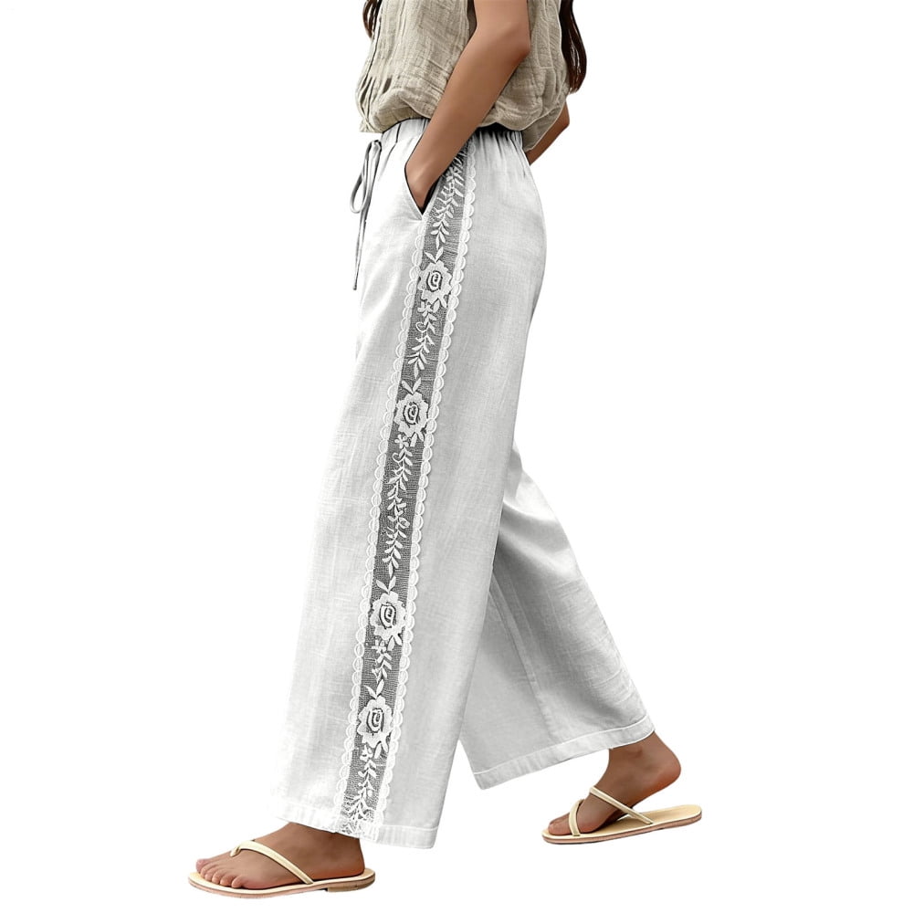 adaychics Wide Leg Linen Pants for Women Lace Trim Floor Length Flowy ...