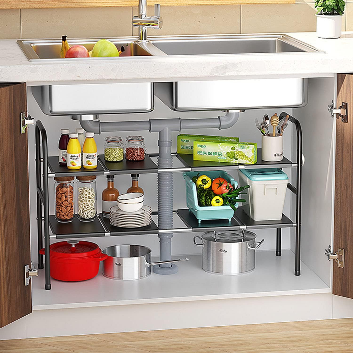 adhino Expandable Under Sink Rack, 2 Tier Sink Cabinet Organizer ...