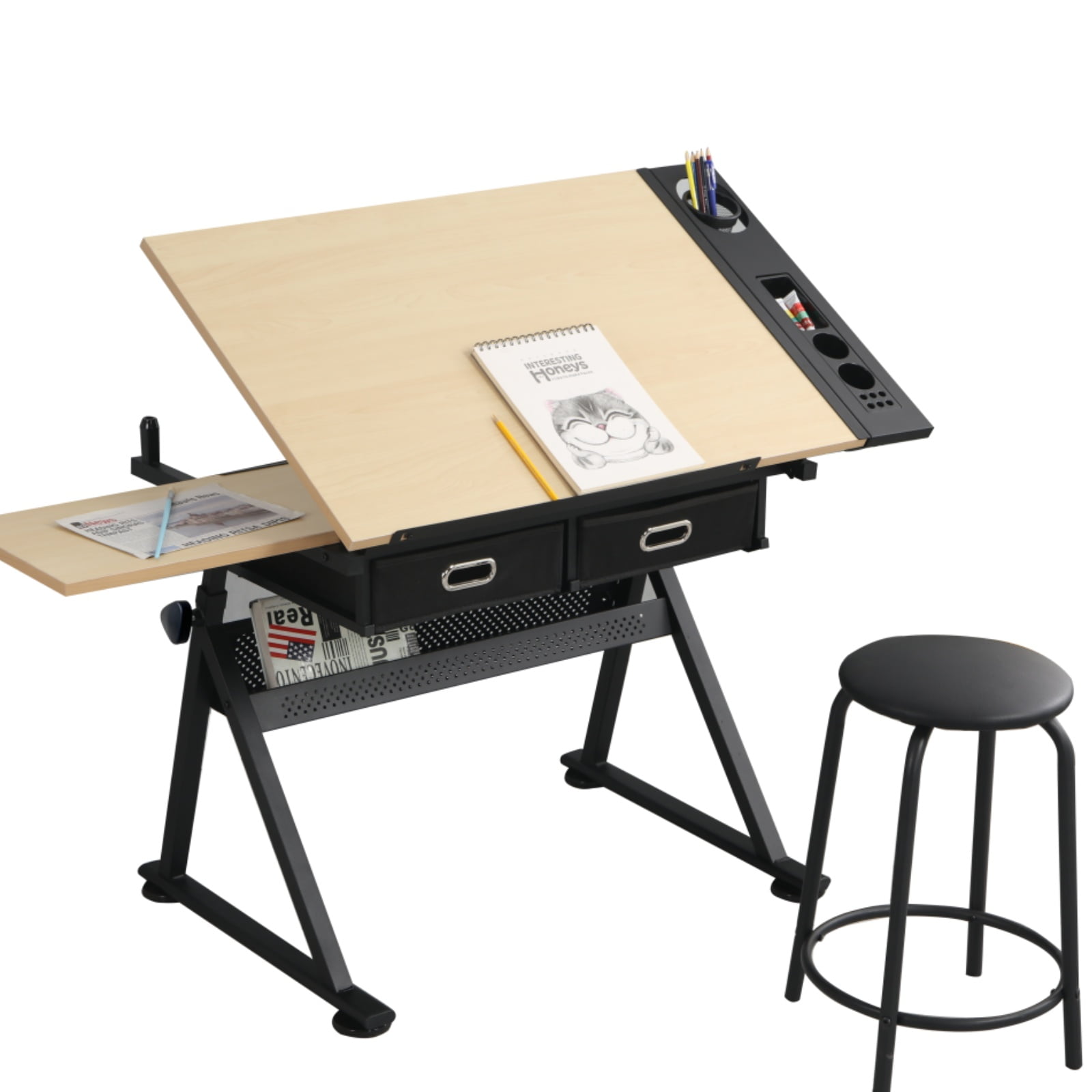 adjustable drawing drafting table desk with 2 drawers for home office ...