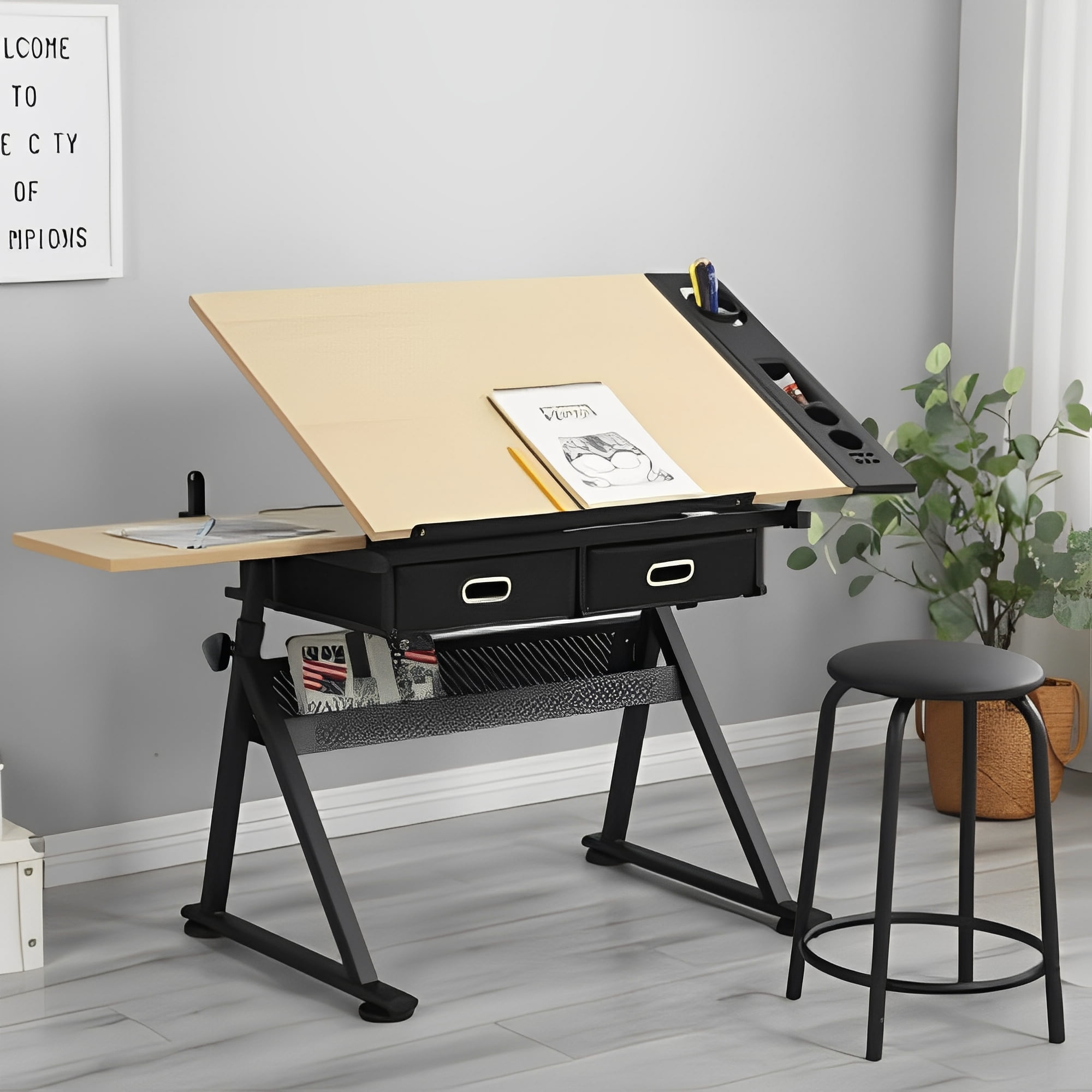 adjustable drawing drafting table desk with 2 drawers for home office ...