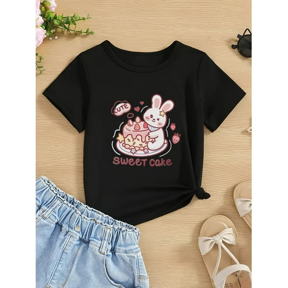 adorable Bunny & Sweetcake Graphic Girls' T-Shirt - Soft Polyester ...