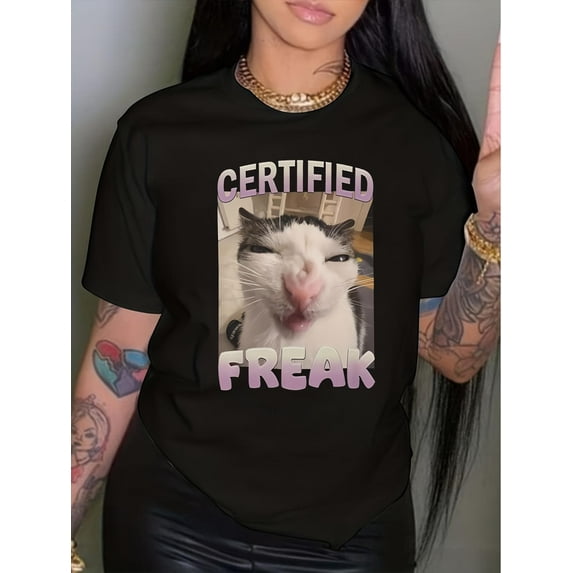adorable Cat Certified Crazy Print Round Neck T-shirt + Spring and ...
