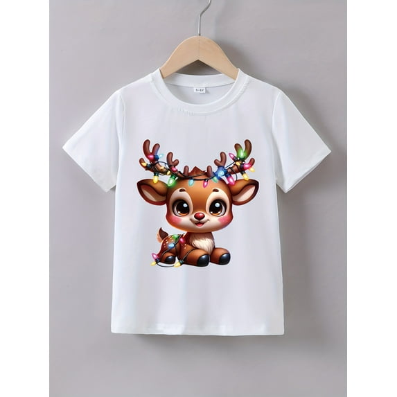 adorable Girls' Red Christmas Reindeer Graphic T-Shirt - Soft Cotton ...
