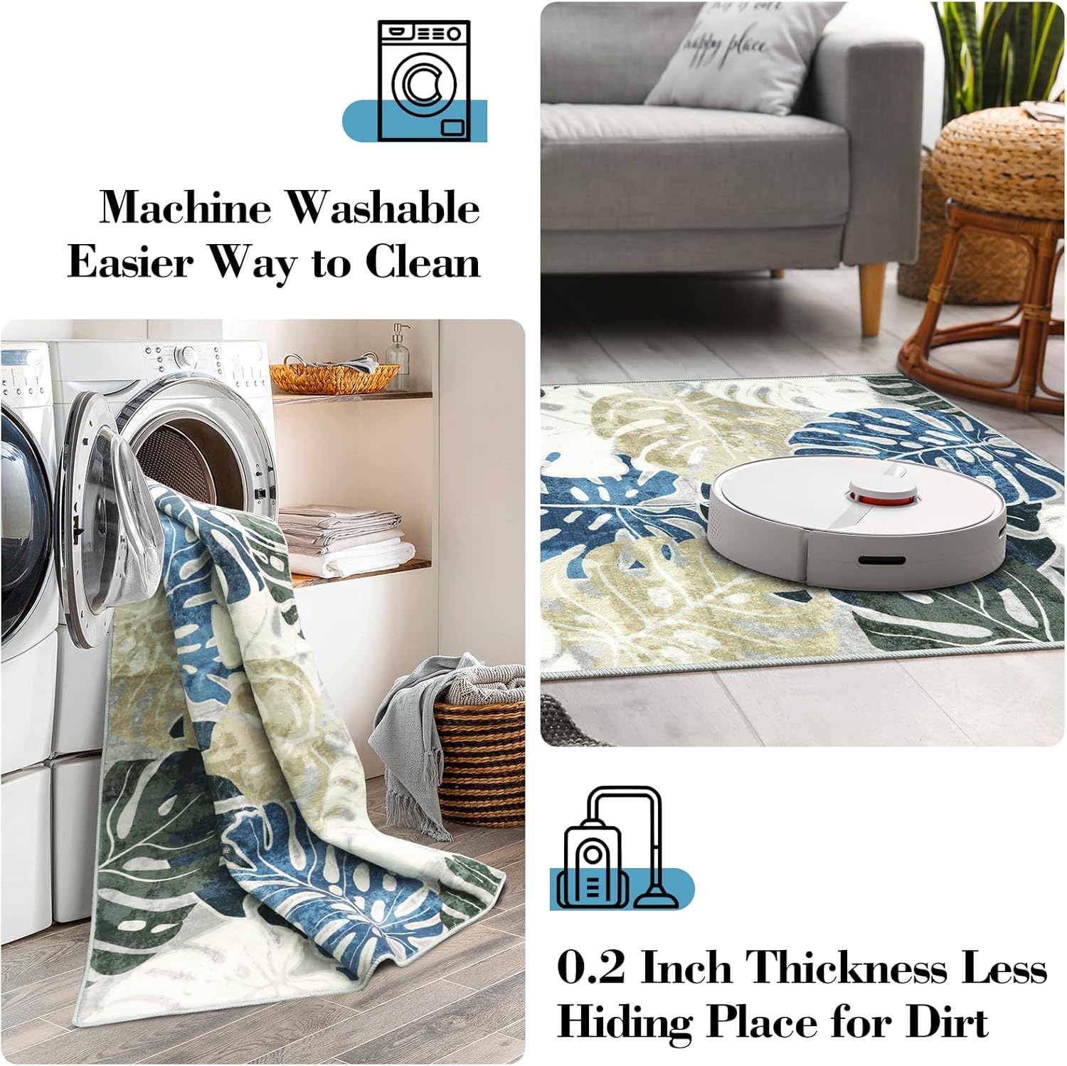 aduiopbnk Leaf 2x3 Kitchen Rug Small Bathroom Blue Rug Washable Bedside ...