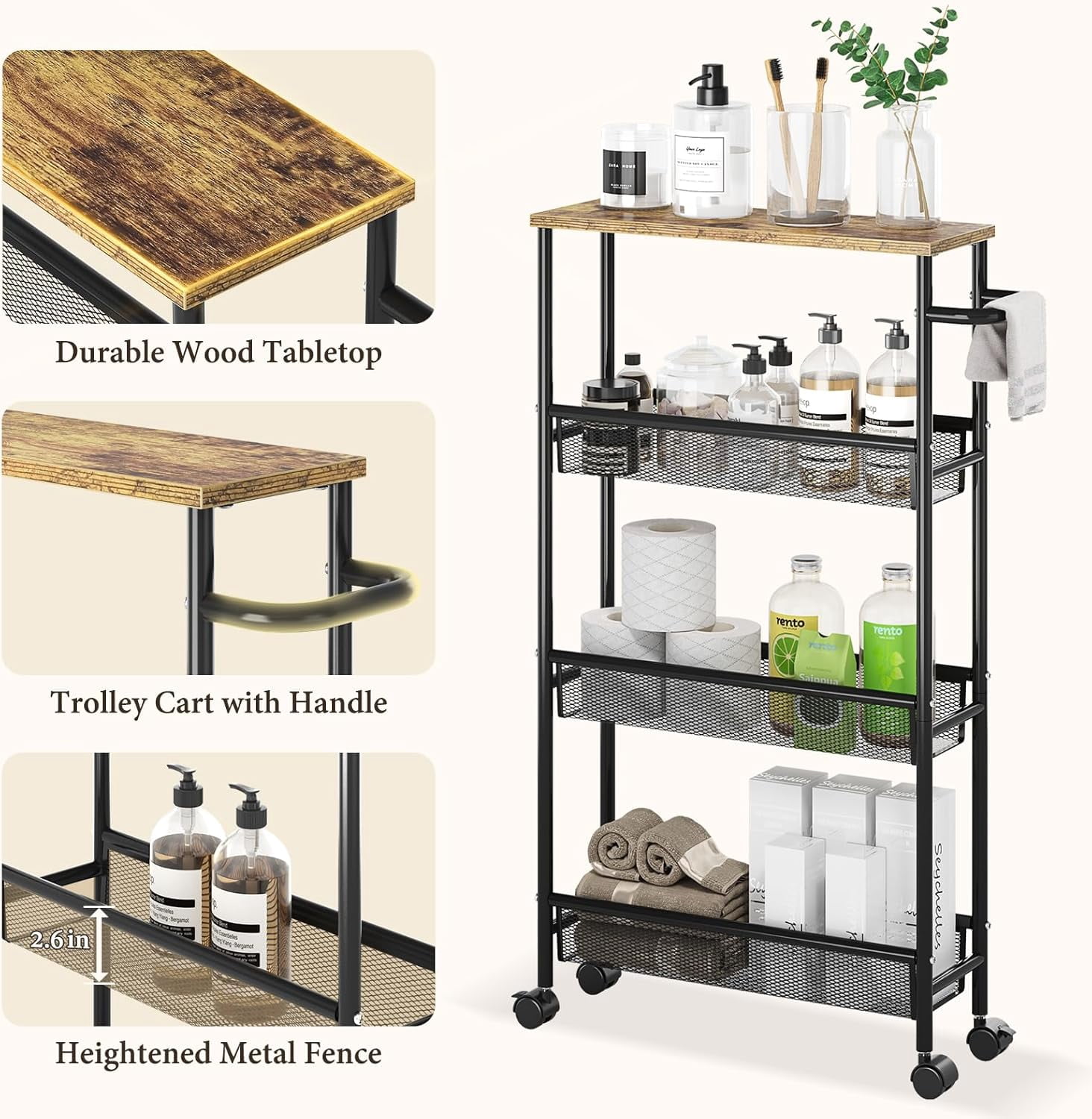aduiopbnk Slim Rolling Storage Cart 4 Tier Narrow Utility Cart Bathroom ...