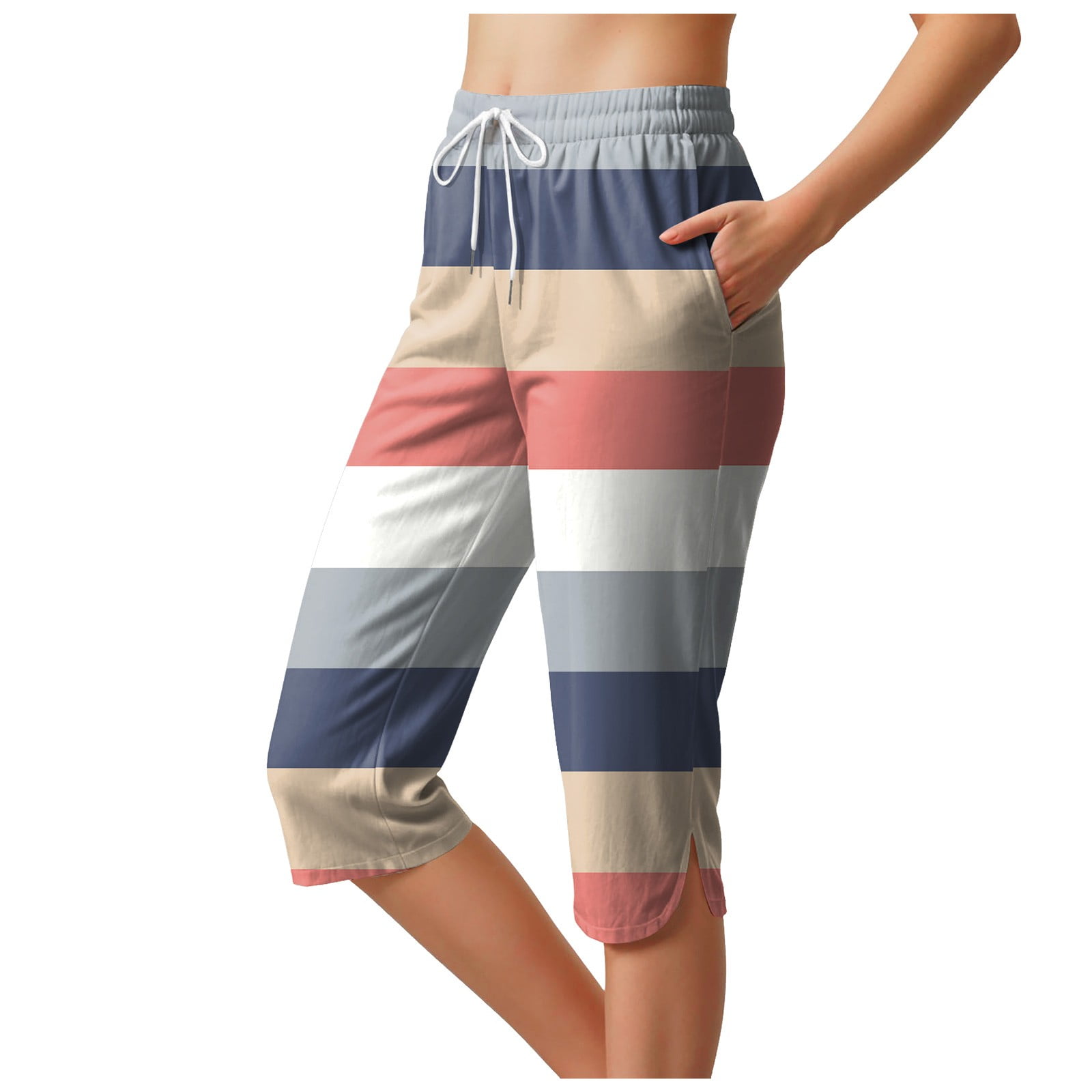 adviicd Capri Pants for Women Casual Print Drawstring Workout Split Hem ...
