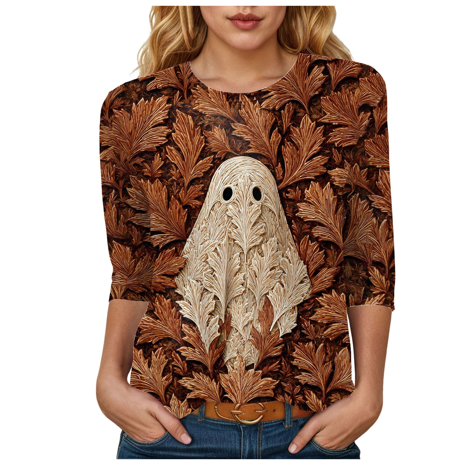 adviicd Casual Halloween Tops for Women: Cute Ghost Print 3/4 Sleeve ...
