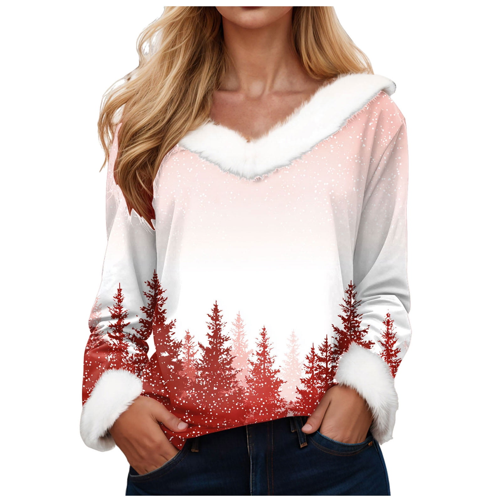 adviicd Christmas Blouses for Women Casual Long Sleeve Faux Fur Trim V ...