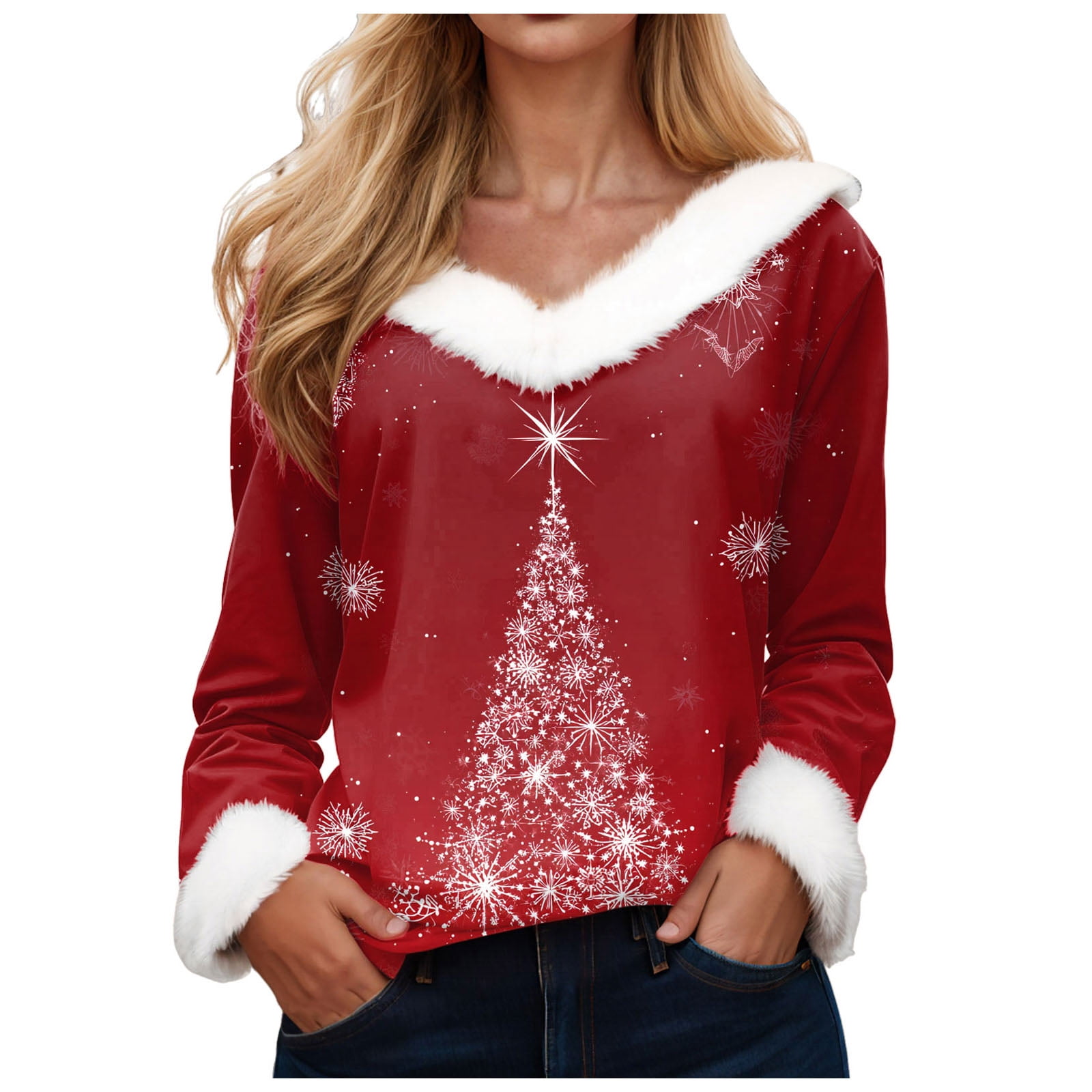 adviicd Christmas Blouses for Women Casual Long Sleeve Faux Fur Trim V ...