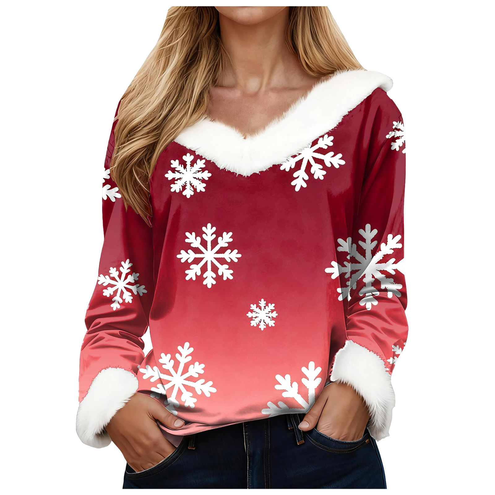 adviicd Christmas Womens Tops V Neck Faux Fur Trim Graphic Tees Xmas ...