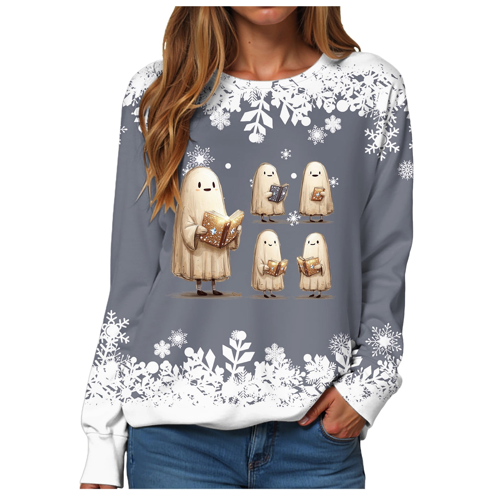 adviicd Cute Ghost Print Women's Halloween Pullover Sweatshirt - Long ...