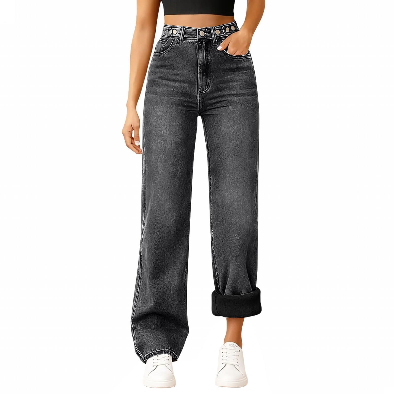adviicd Fleece Lined Jeans for Women Wide Leg Baggy Winter Thermal ...