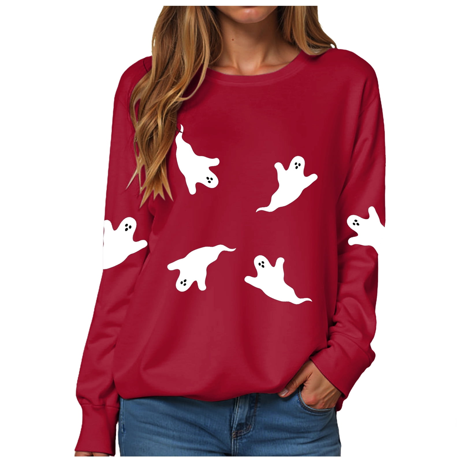 adviicd Halloween Sweatshirts for Women Solid Sweater Cute Flying Ghost ...
