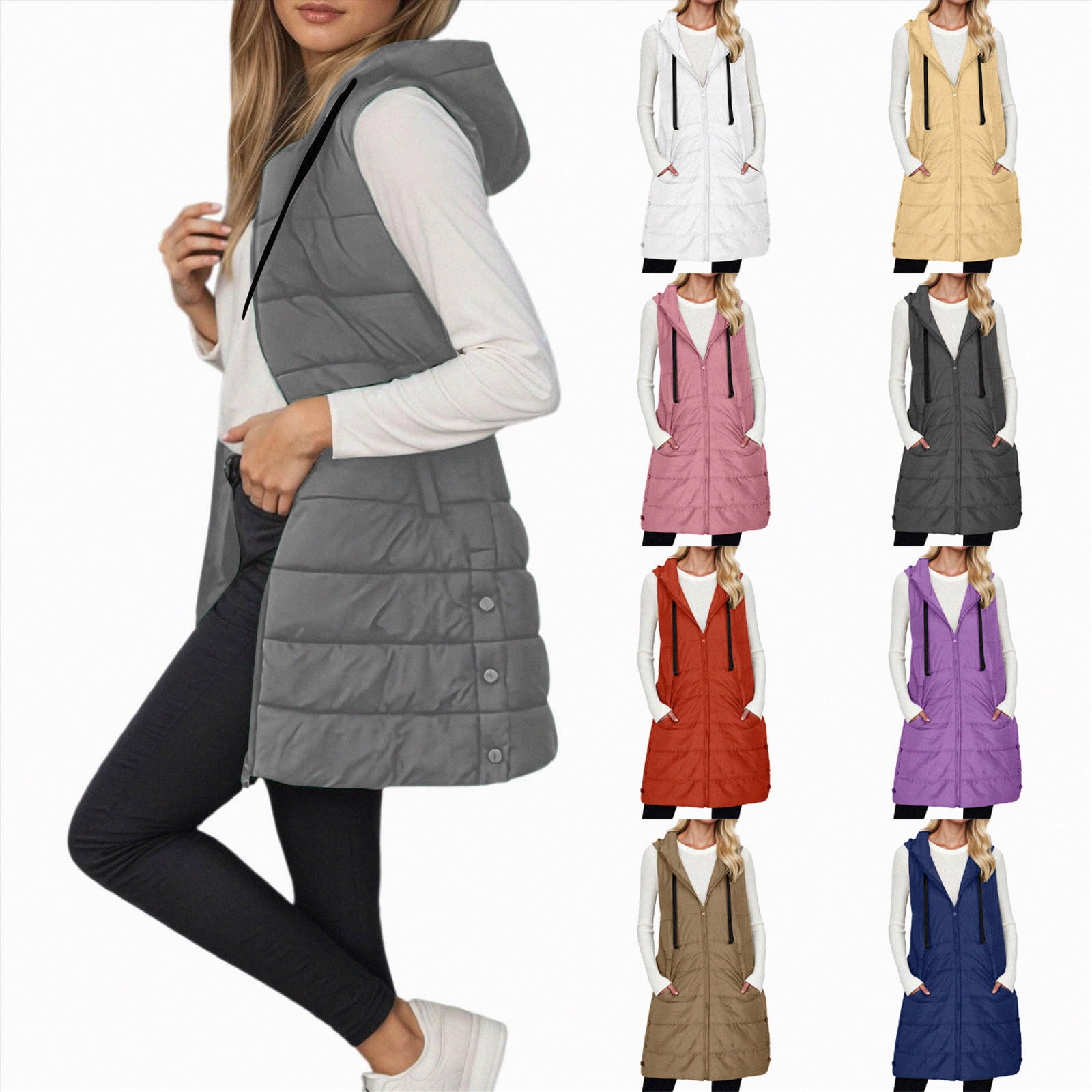adviicd Long Puffer Vest Women Oversized Zip Up Quilted Hooded Jacket ...