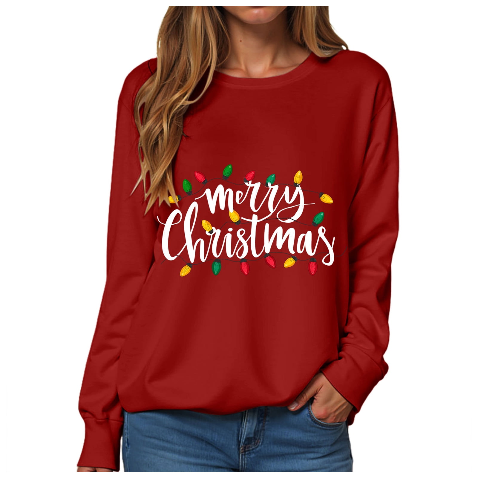 adviicd Merry Christmas Lettering Sweatshirt - Women's Holiday Crewneck Party Tops (Red, XL ...