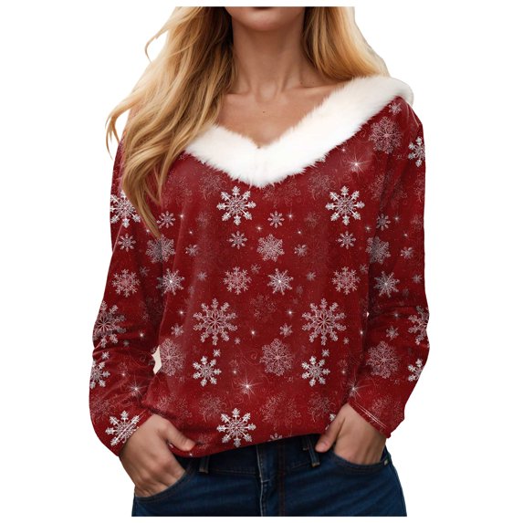 adviicd Merry Christmas Shirts for Women Faux Fur Trim V Neck Tops ...
