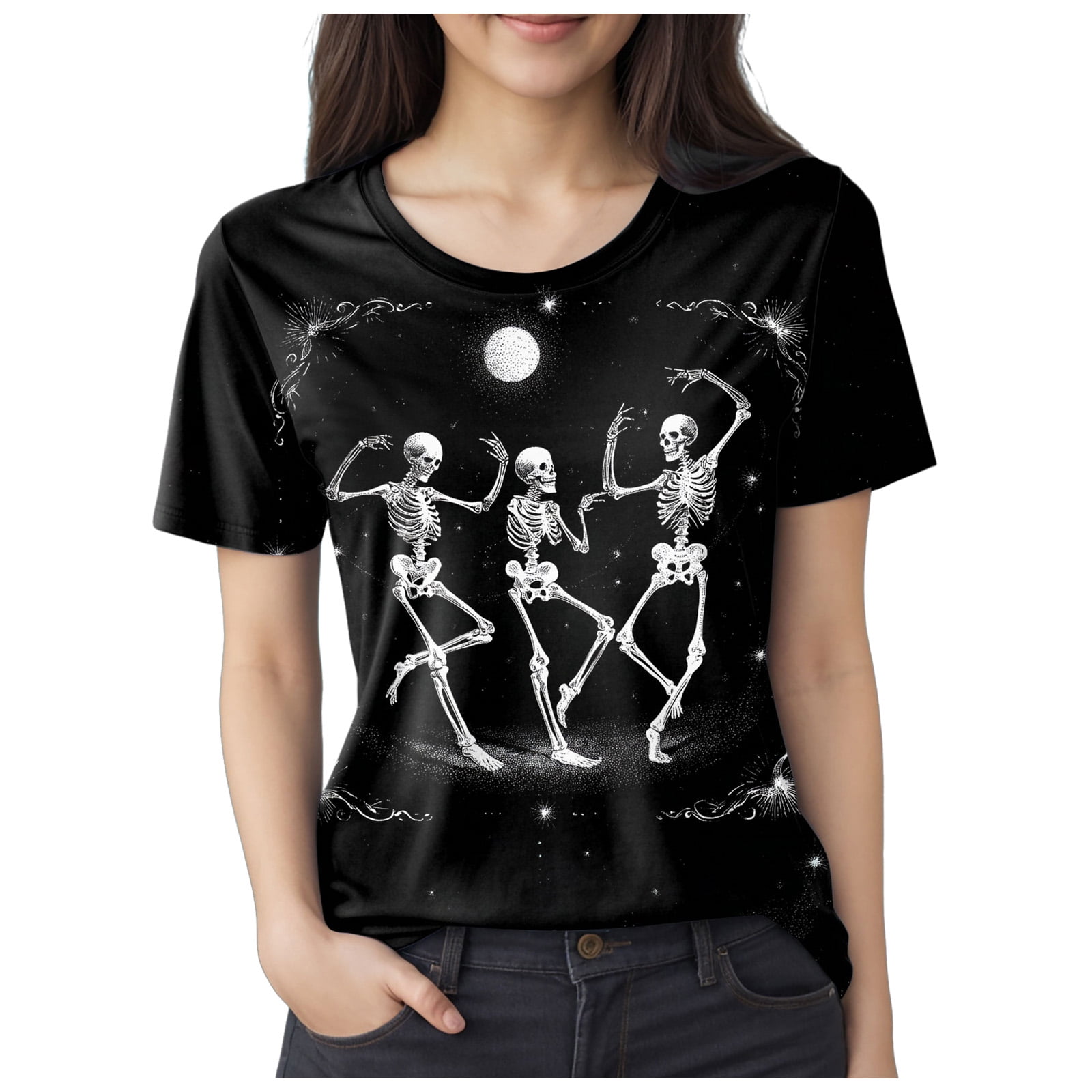 adviicd Skeleton Printed Shirt for Women Halloween Skeleton T-Shirt Funny Fall Skull Graphic ...