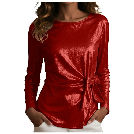 adviicd Sparkly Tops for Women Long Sleeve Shirts Dressy Satin Bow Tie ...