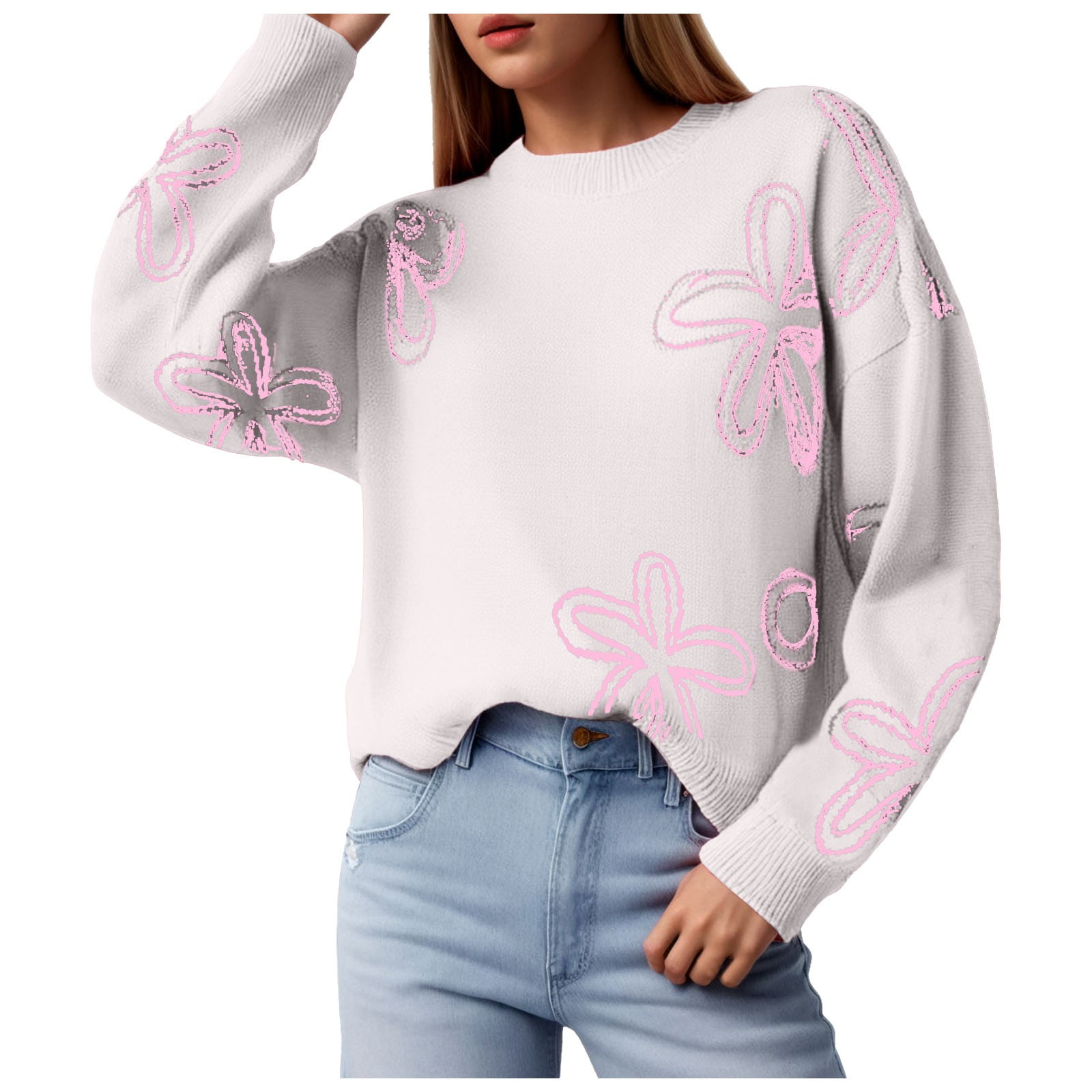 adviicd Sweaters for Women Casual Crewneck Long Sleeve Floral Print ...