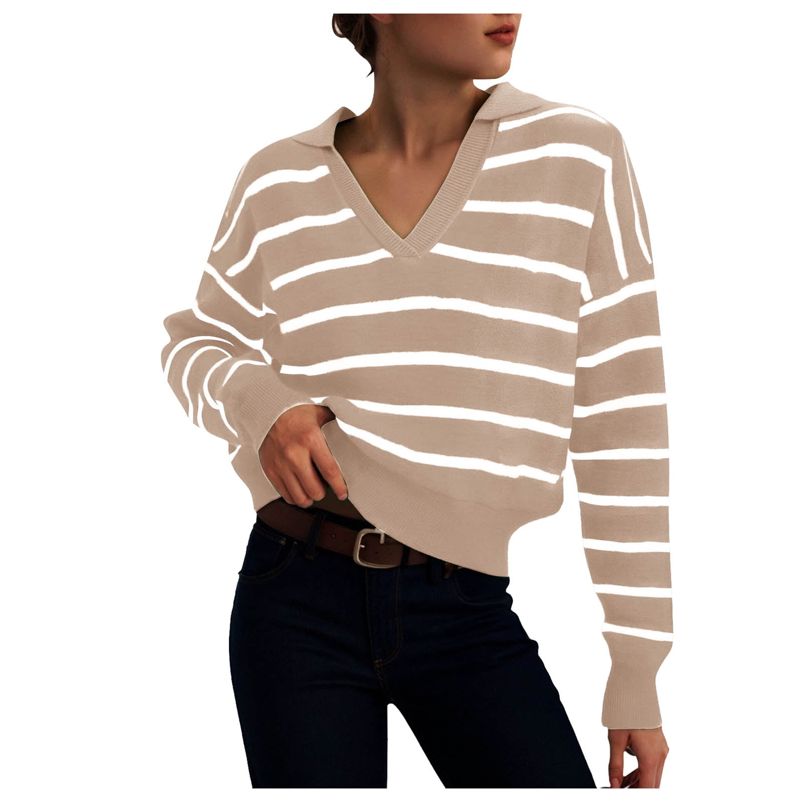 adviicd Sweaters for Women Long Sleeve V Neck Striped Knit Drop ...