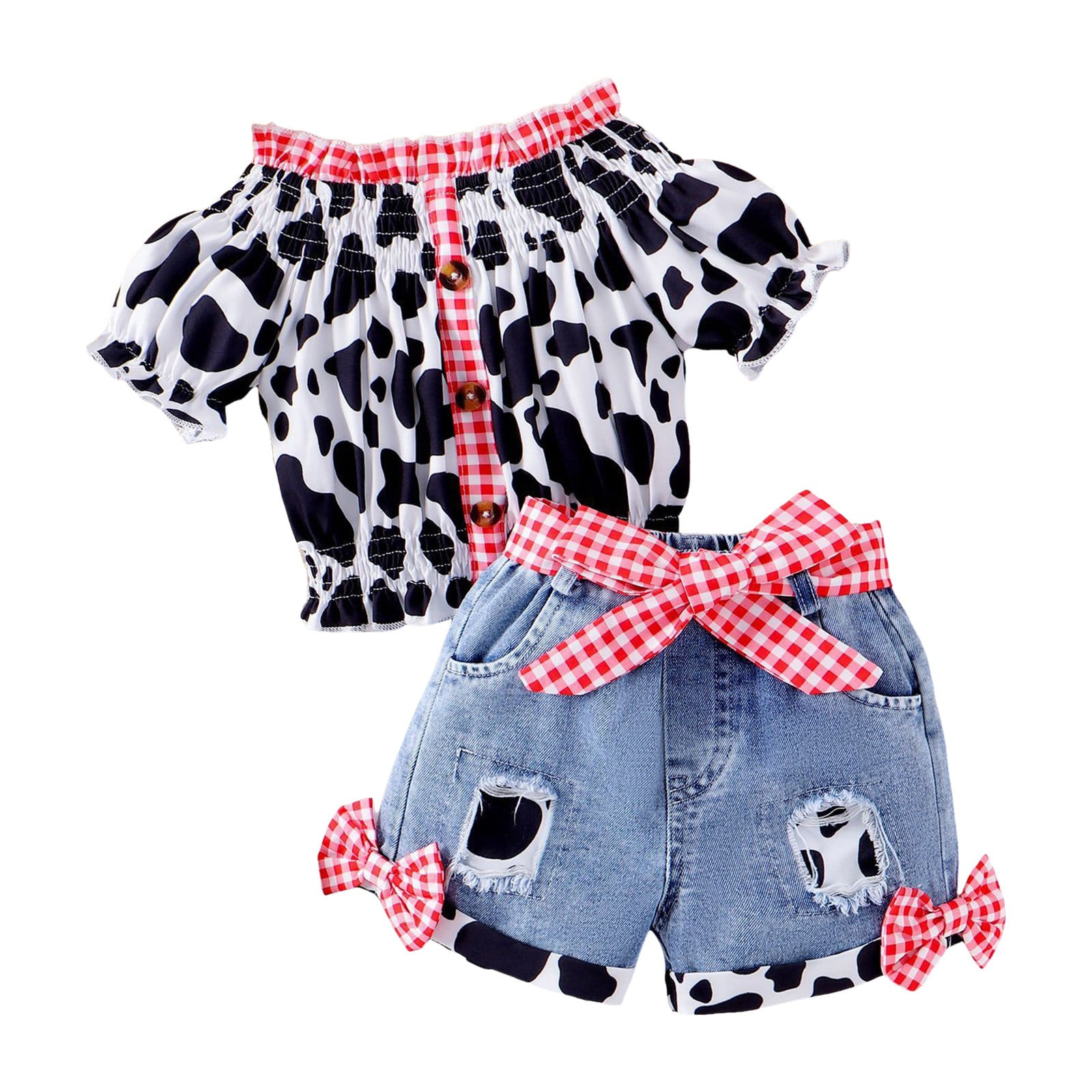 adviicd Toddler Girl Denim Western Outfit Baby Clothes Ruffle Cow Print Shirt Button Tops Belted ...