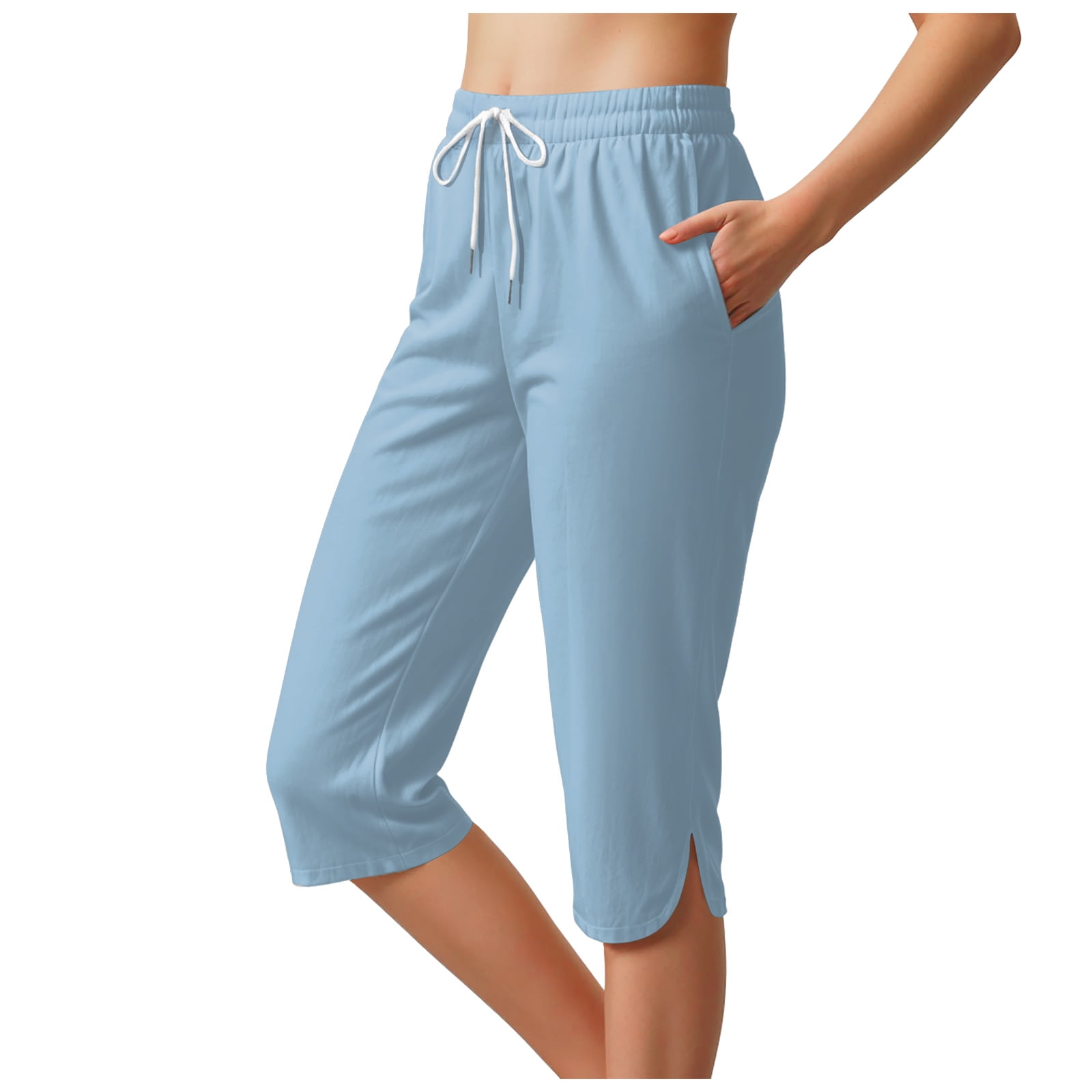 adviicd Women Capri Pants Cotton Yoga Wide Leg Pajama Pants Capris Sweatpants Sports Sky Blue ...