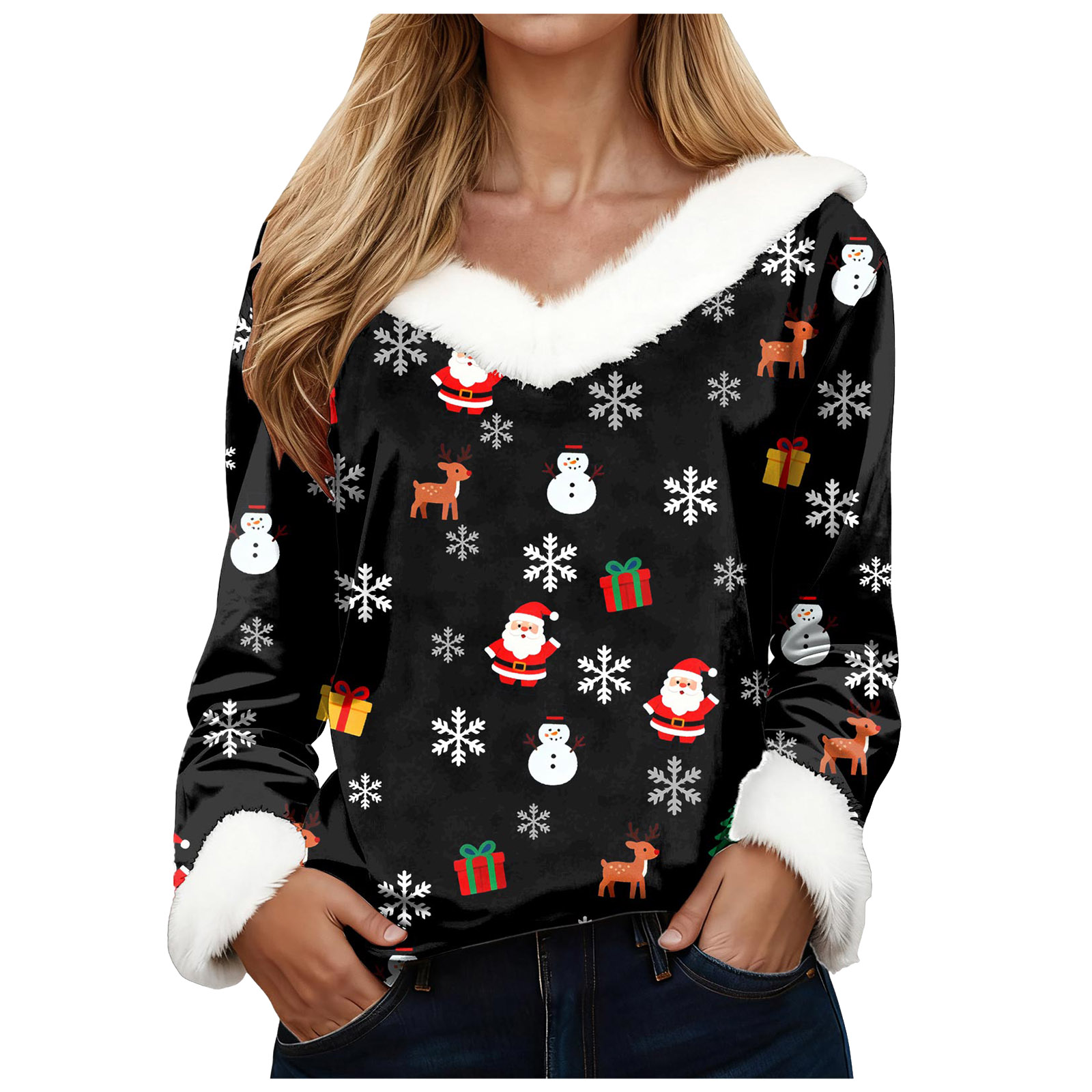 adviicd Women Christmas Tops Faux Fur Trim Long Sleeve Sweatshirt V ...