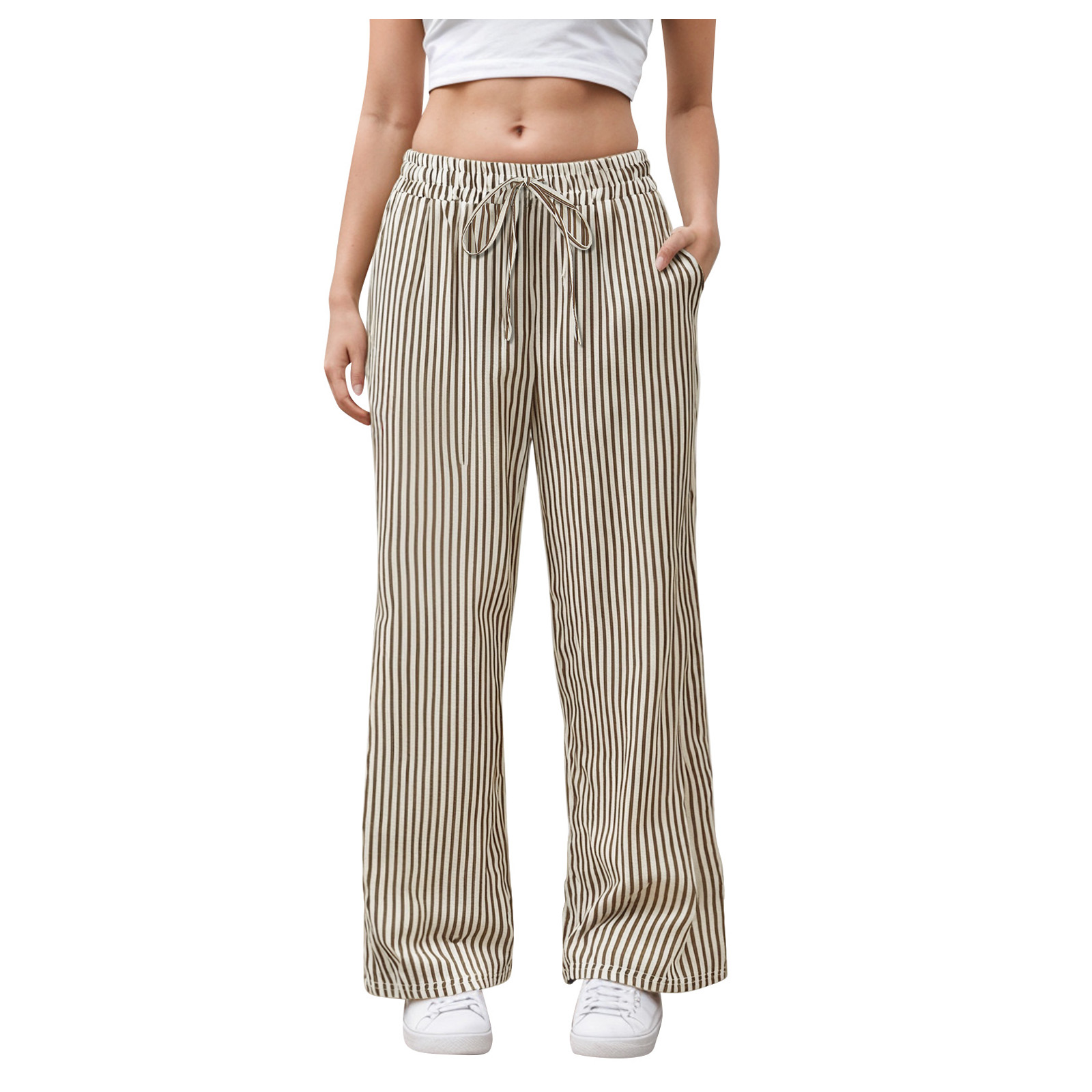adviicd Women Drawstring Striped Pants Loose Wide Leg Trousers Casual ...