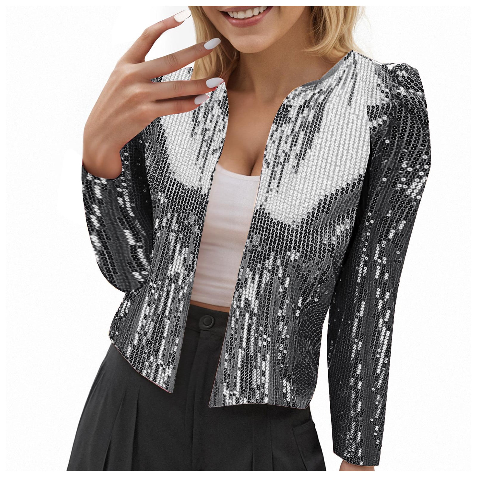 adviicd Women Fashion Sequin Jacket Open Front Long Sleeve Short Blazer ...