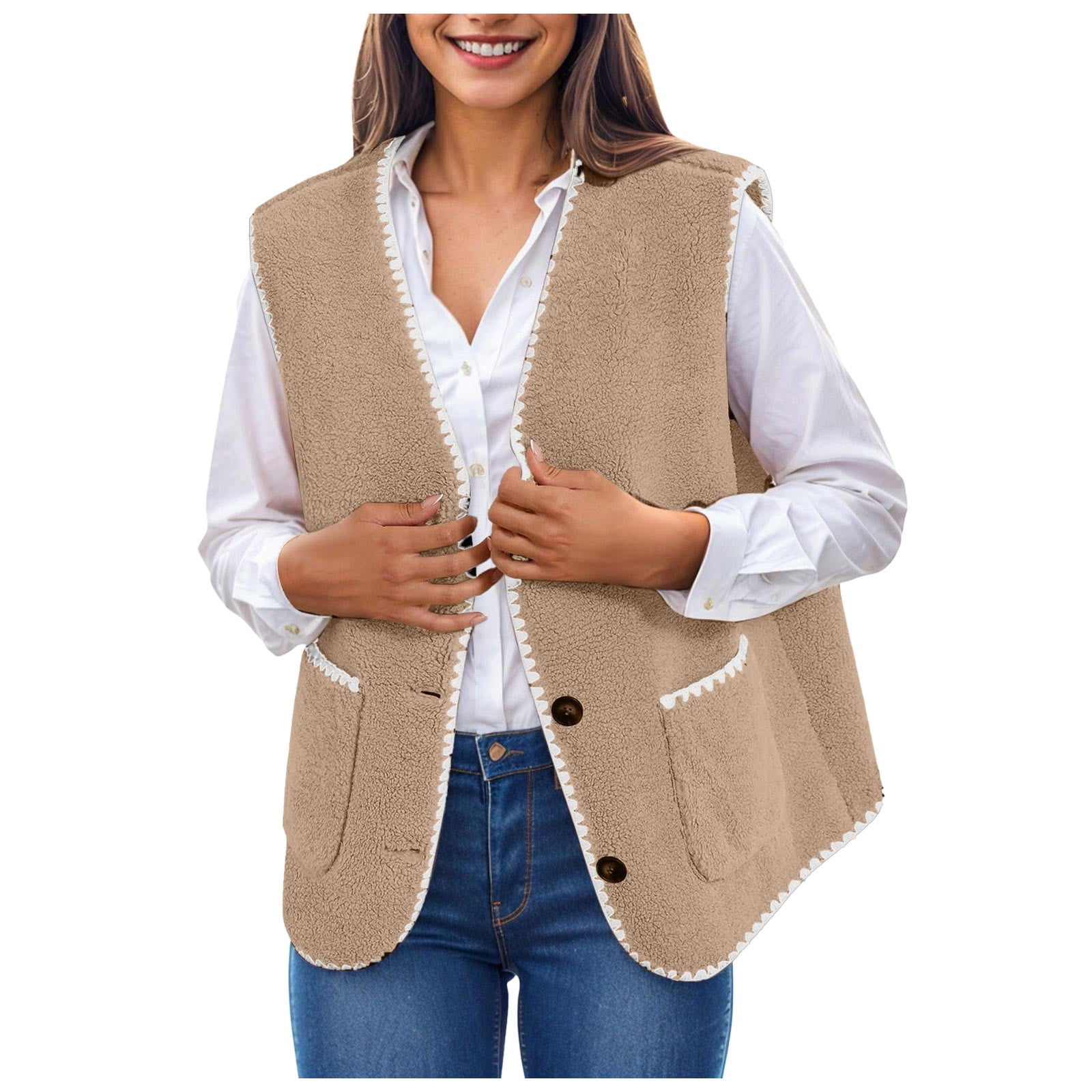 adviicd Women Fleece Lightweight Vest V Neck Open Front Button Down ...