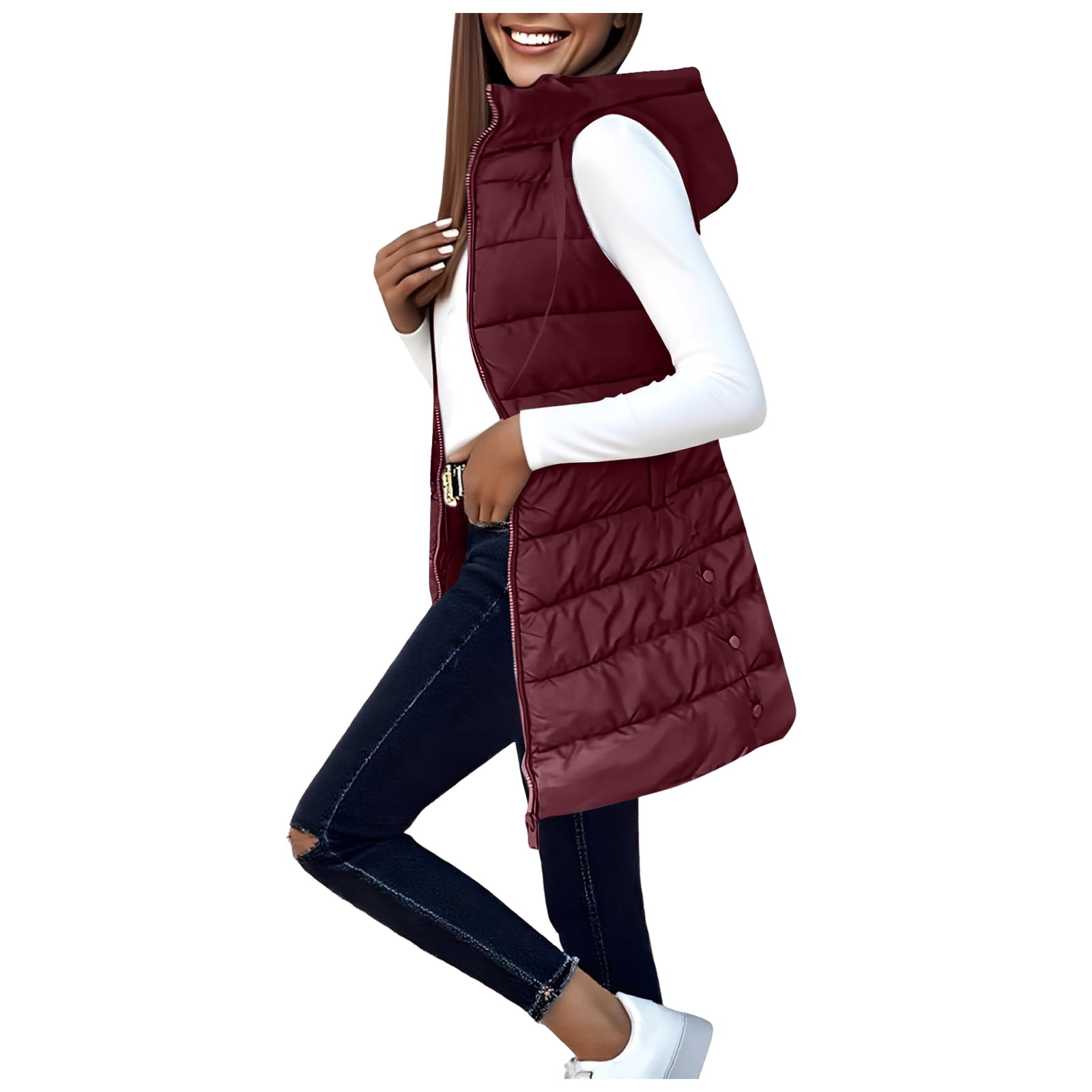 adviicd Women Long Vest Solid Color Sleeveless Hood Winter Puffer Vest ...