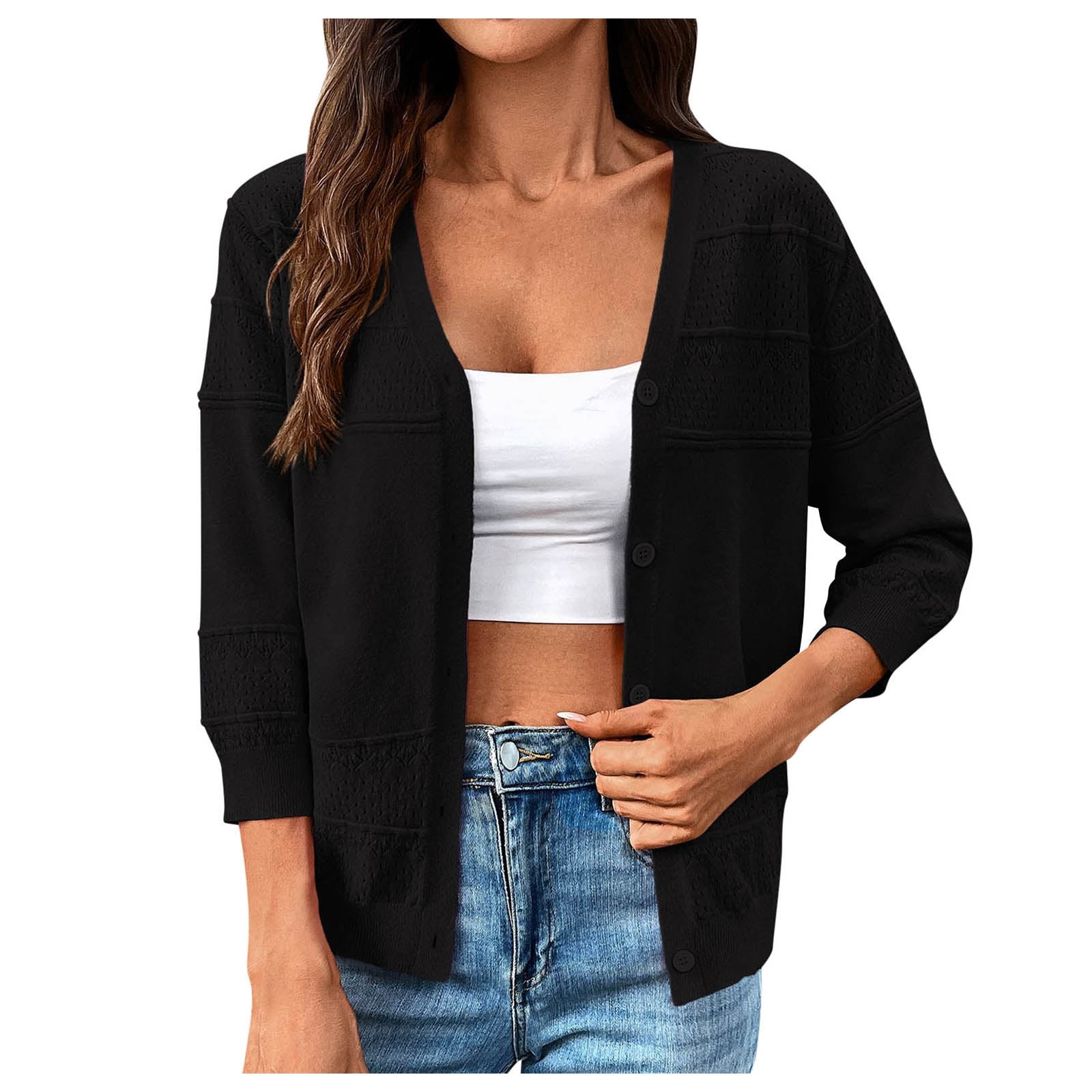 adviicd Women's 2025 Cropped Cardigan 3/4 Sleeve Lightweight Crochet ...