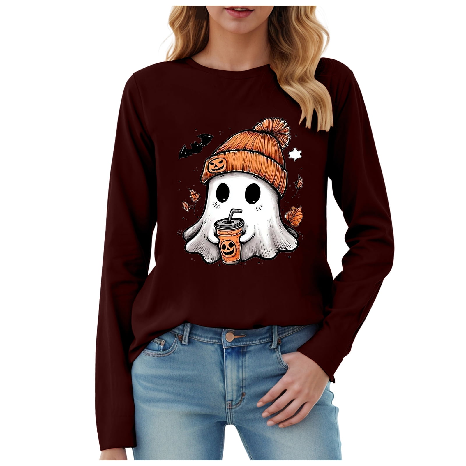 adviicd Women's Basic Long Sleeve Halloween Tee: Funny Graphic Fall T ...
