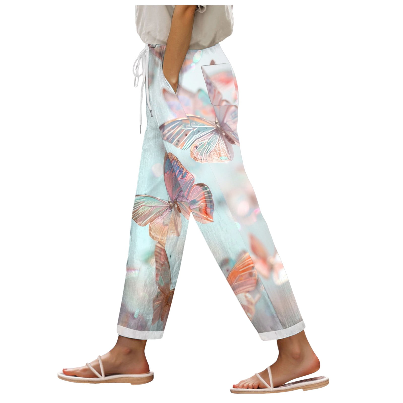 adviicd Women's Floral Cropped Linen Pants Summer Elastic Waist Straight Leg Casual Beach ...