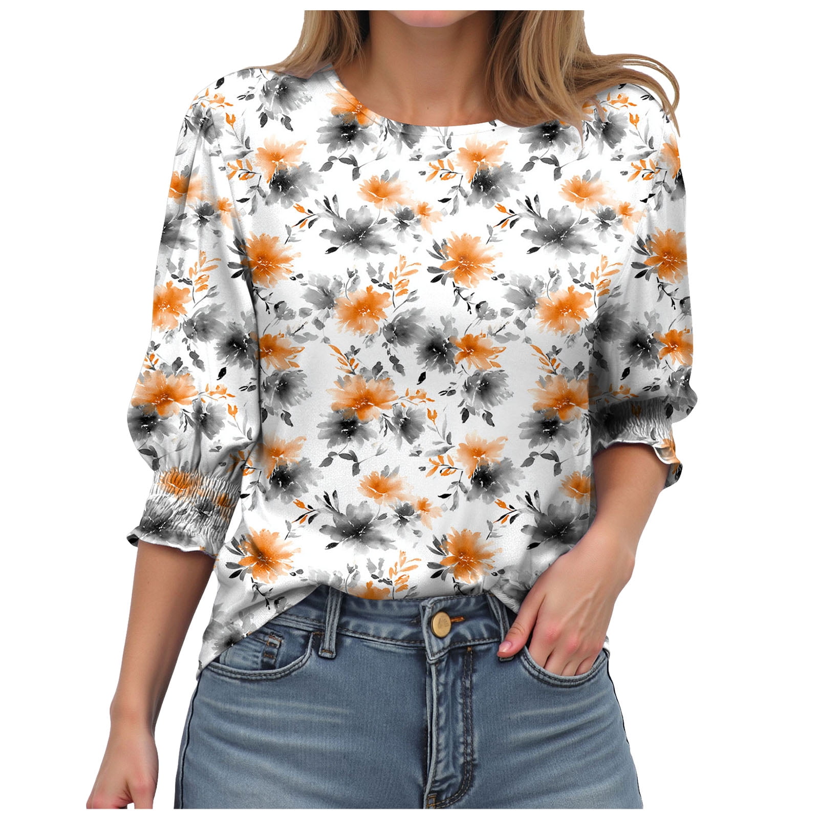 adviicd Women's Floral Print Blouse with 3/4 Ruffle Sleeves and Round ...