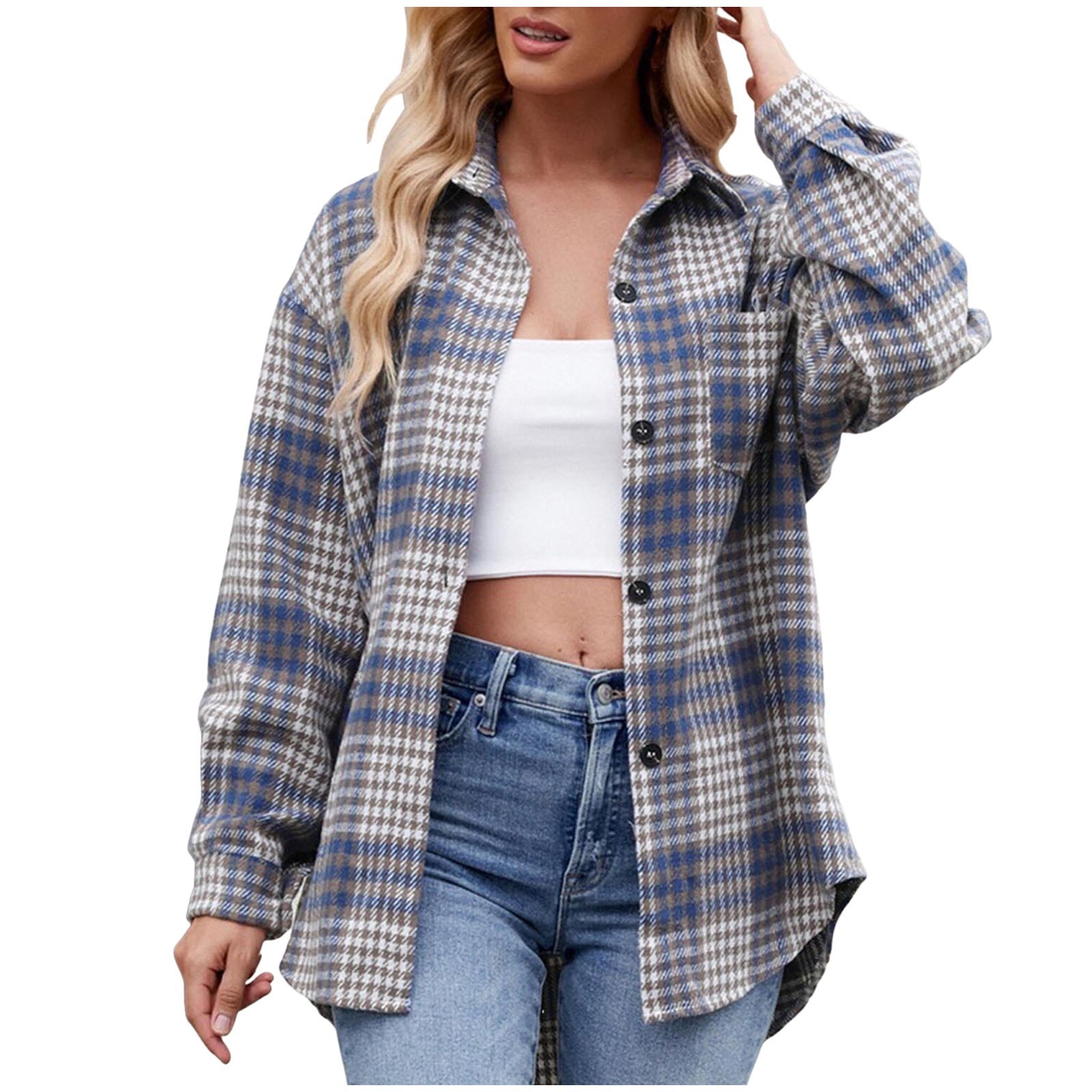 adviicd Women's Lightweight Flannel Plaid Button Down Shirts Oversized Long Sleeve Jacket Tops ...