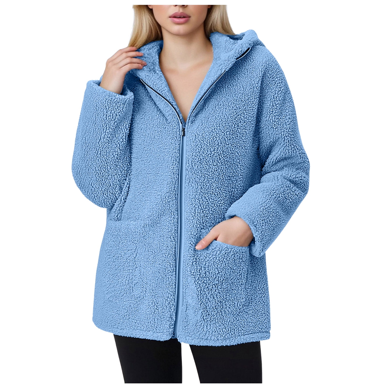 adviicd Women's Long Hoodie Winter Warm Shearling Jacket Casual Zip up ...