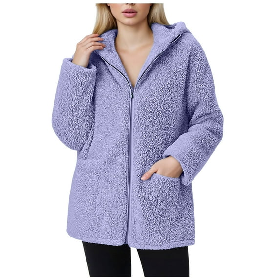 adviicd Women's Long Hoodie Winter Warm Shearling Jacket Casual Zip up ...