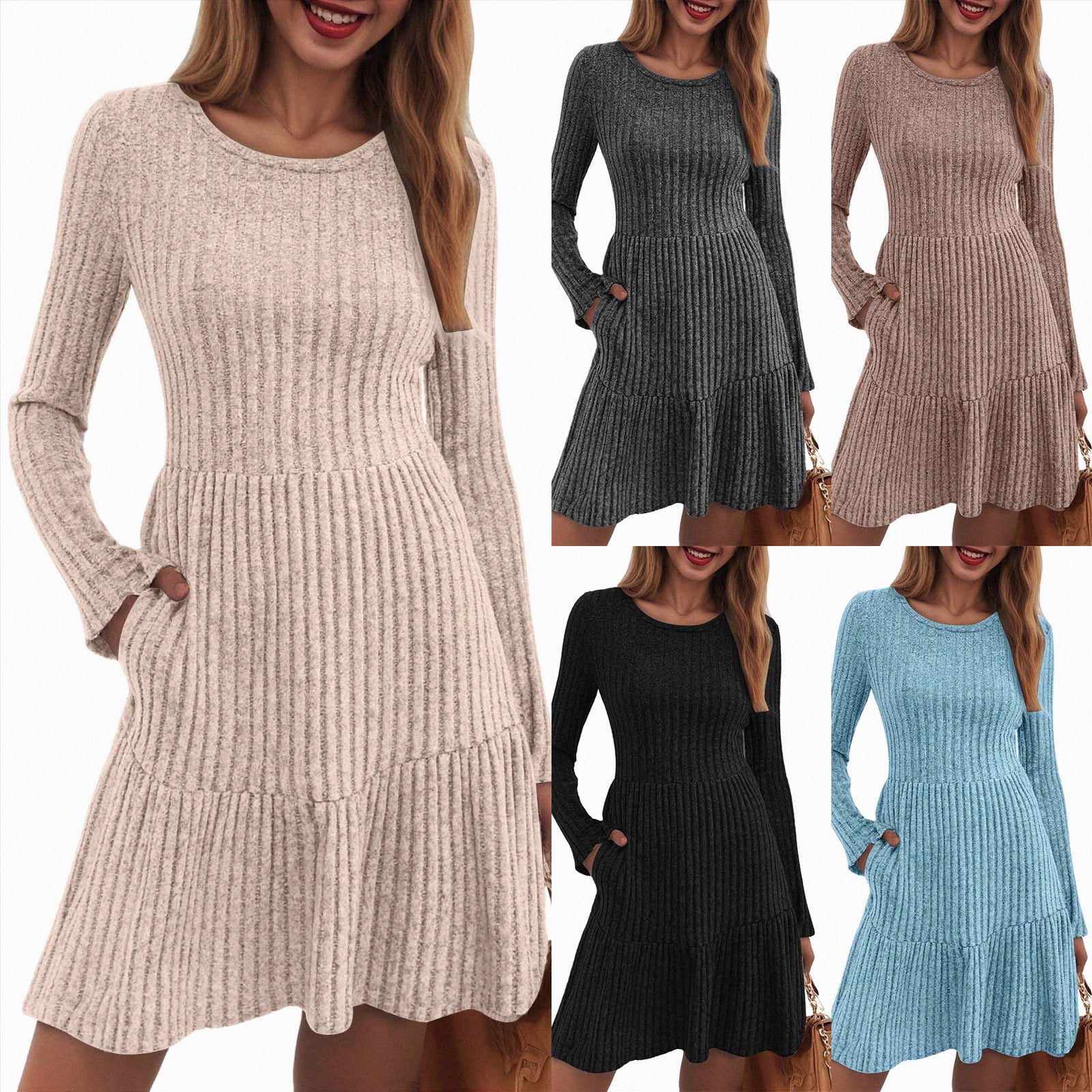 adviicd Women's Long Sleeve Sweater Dress Ribbed Pleated Casual Round ...