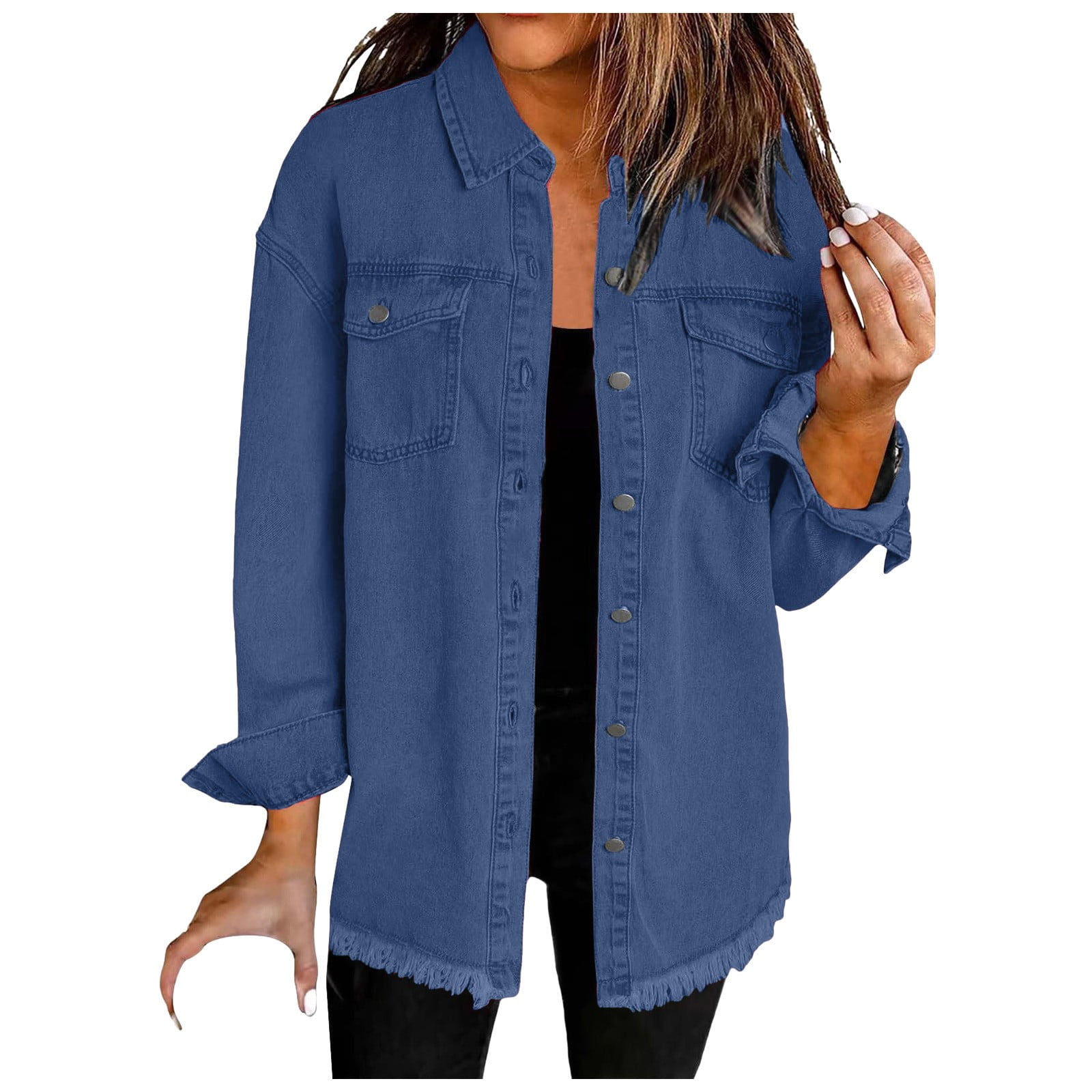 adviicd Women's Oversized Button Up Frayed Hem Shacket Long Sleeve ...